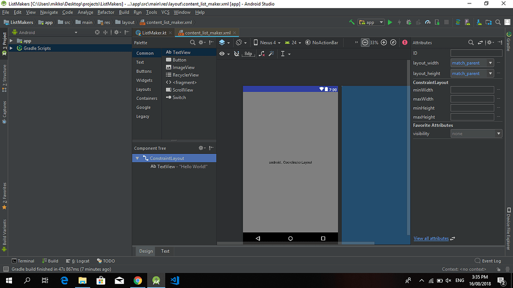 Preview Screen Shows Android CoordinatorLayout Upon Creating A New